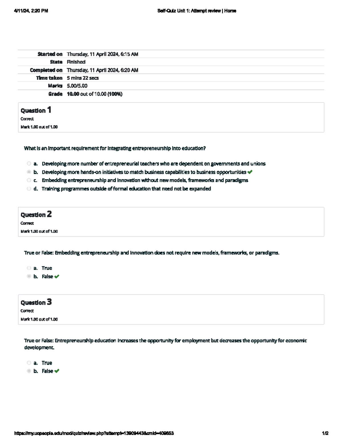 BUS 3303-01 - AY2024-T4 SELF QUIZ UNIT 1 Entrepreneurship 1 - 2:20 PM ...