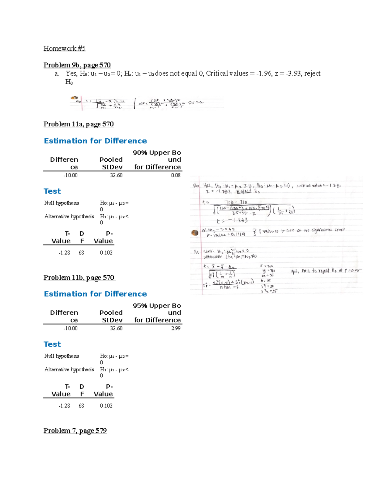 Homework Five Assignment Homework Problem 9b Page 570 A Yes H 0 U 1 U 2 0 Ha U 1 8871