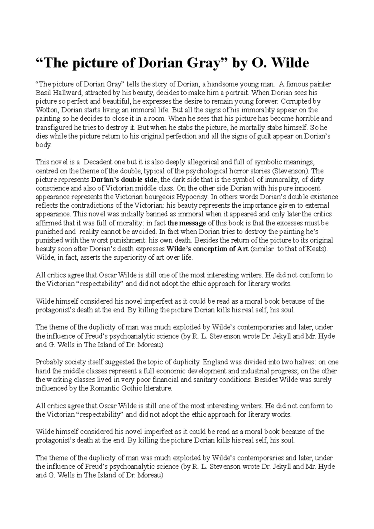 The Picture of Dorian Gray Summary and Analysis - picture of Dorian O ...