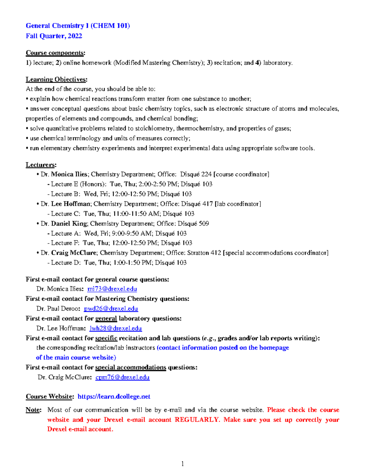 CHEM 101 syllabus F22 - General Chemistry I (CHEM 101) Fall Quarter ...