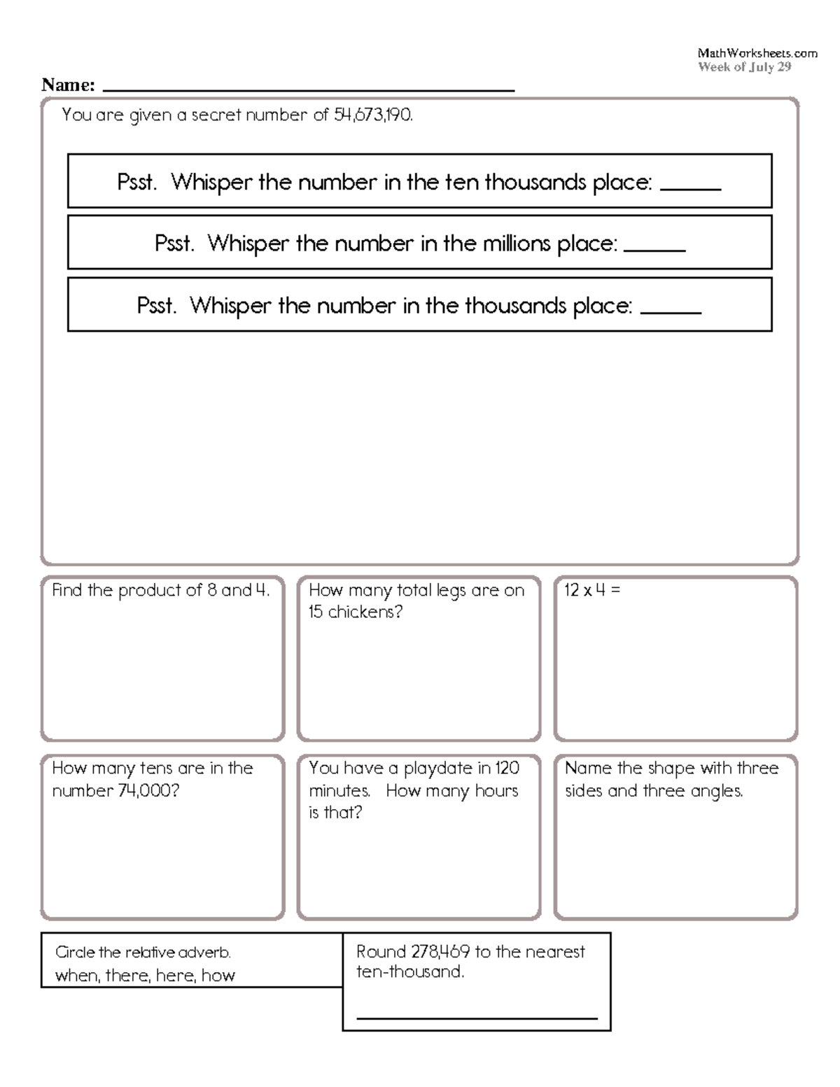 Math Worksheets Grade 4 7 29 - Name: Week of July 29