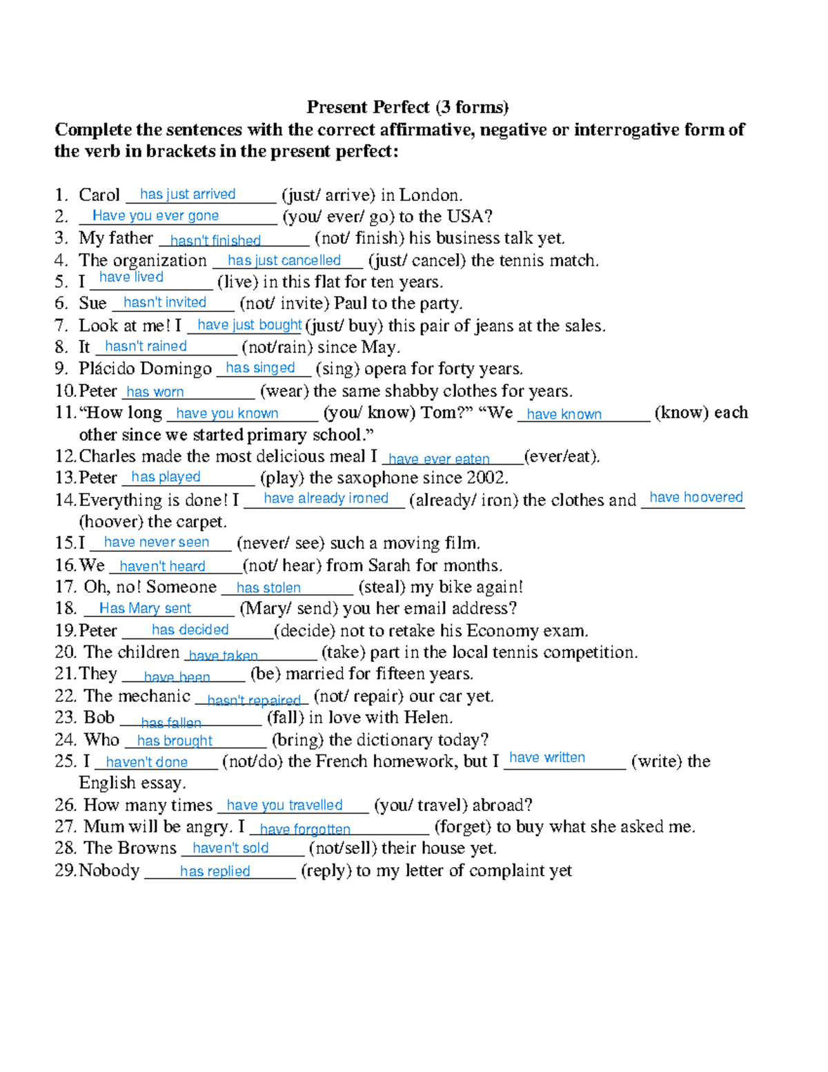 Present Perfect ingles 2 - Present Perfect (3 forms) Complete the ...