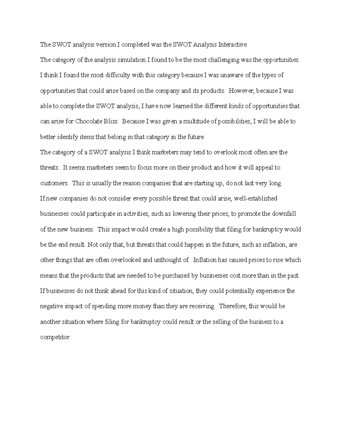 SWOT Reflection - The SWOT analysis version I completed was the SWOT ...