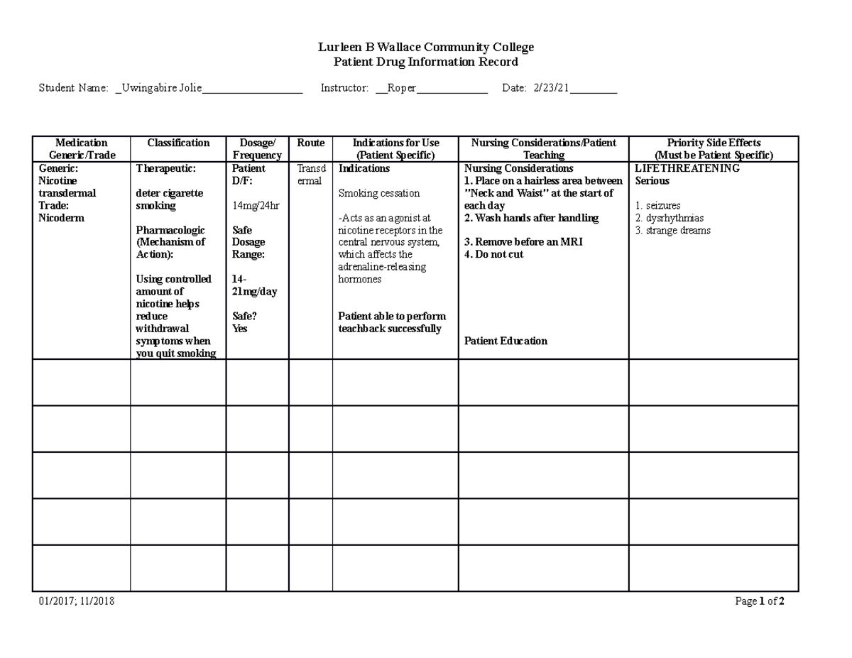Nicotine patch - drug card - Lurleen B Wallace Community College ...