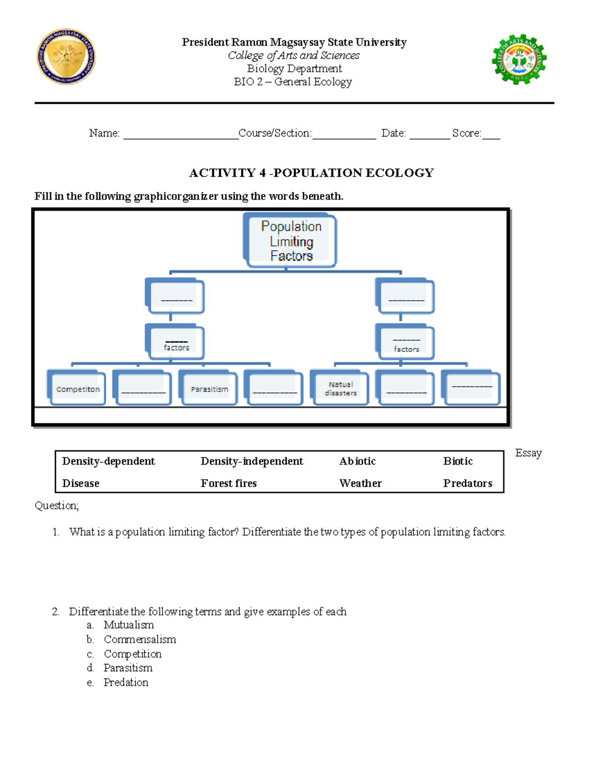 Activity 4- Population Ecology - President Ramon Magsaysay State ...