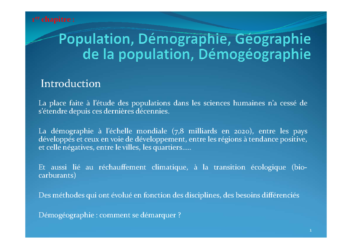 Géog Population Chapitres 1 et 2-2022 - Introduction 1 er chapitre : La place faite à l’étude ...