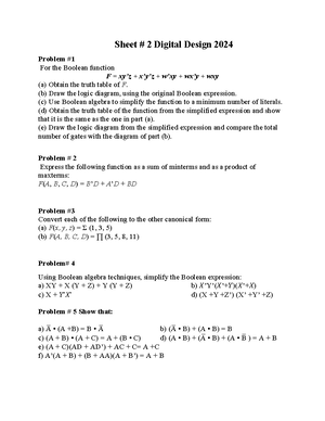 Sheet 1 - fbb - Sheet # 1 Digital Design 2024 Problem# Obtain the 1’s and 2’s complements of the ...