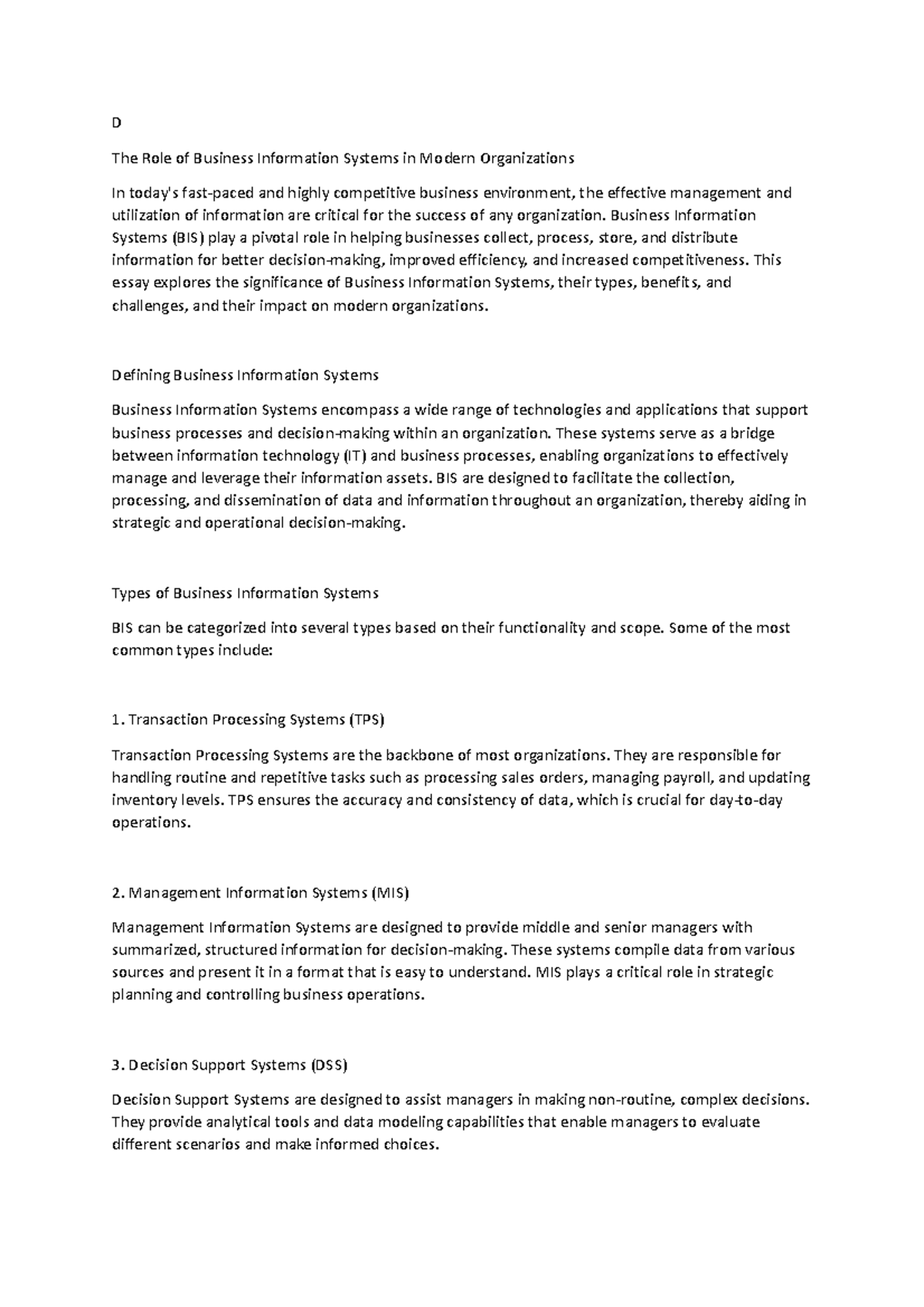 Lecture Notes D The Role Of Business Information Systems In Modern Organizations In Todays