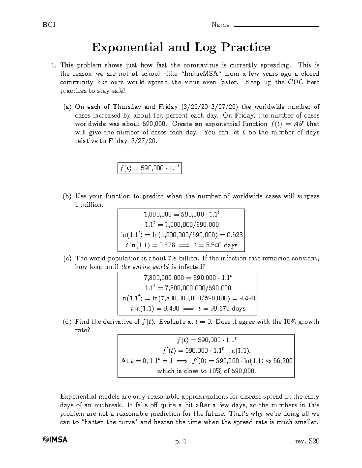 Exponents and logs - BC1 Name: Exponential and Log Practice This ...