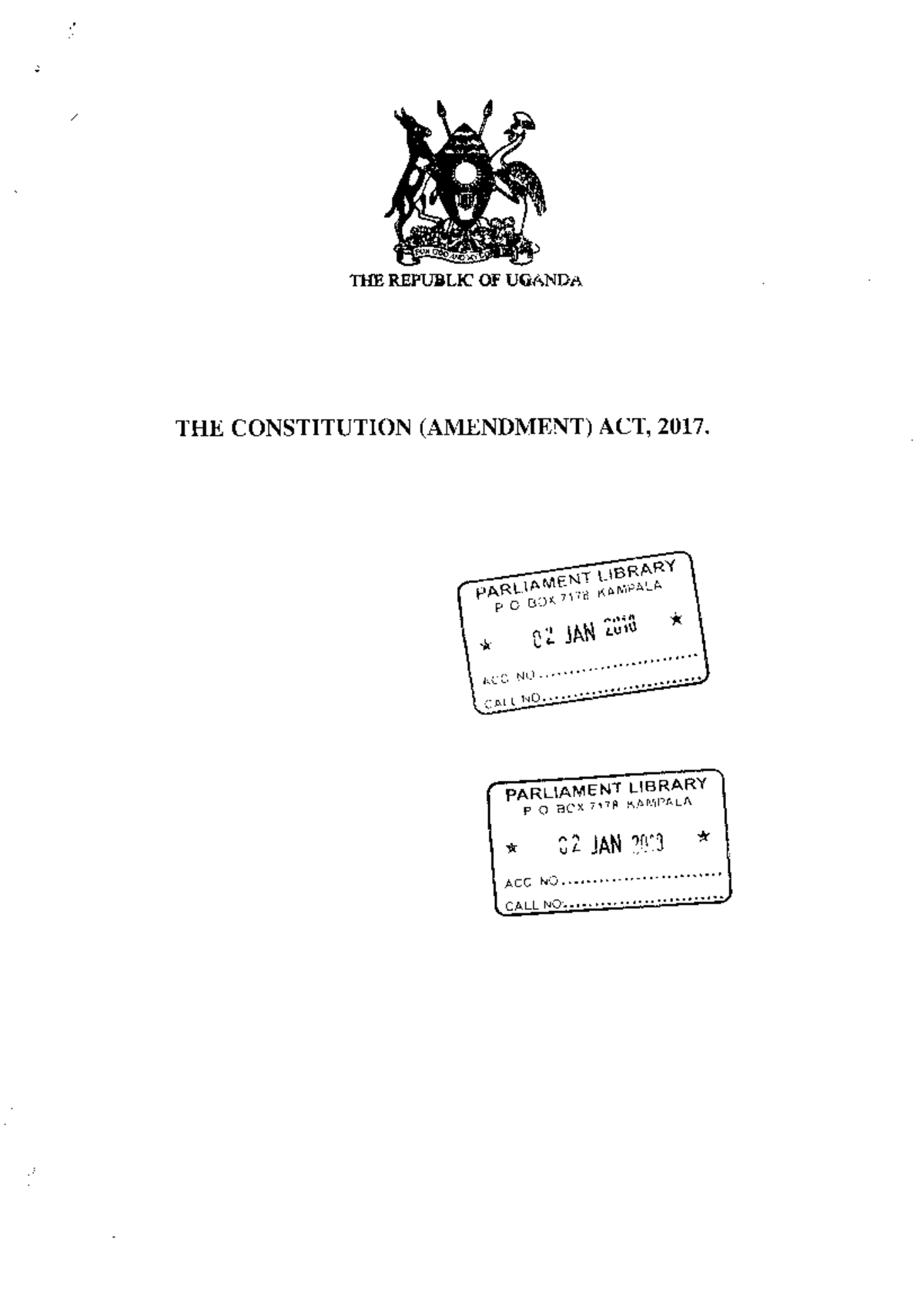Constitution amendment act 2017 - TIIE REPUBLIC OT UGANDTT THE ...