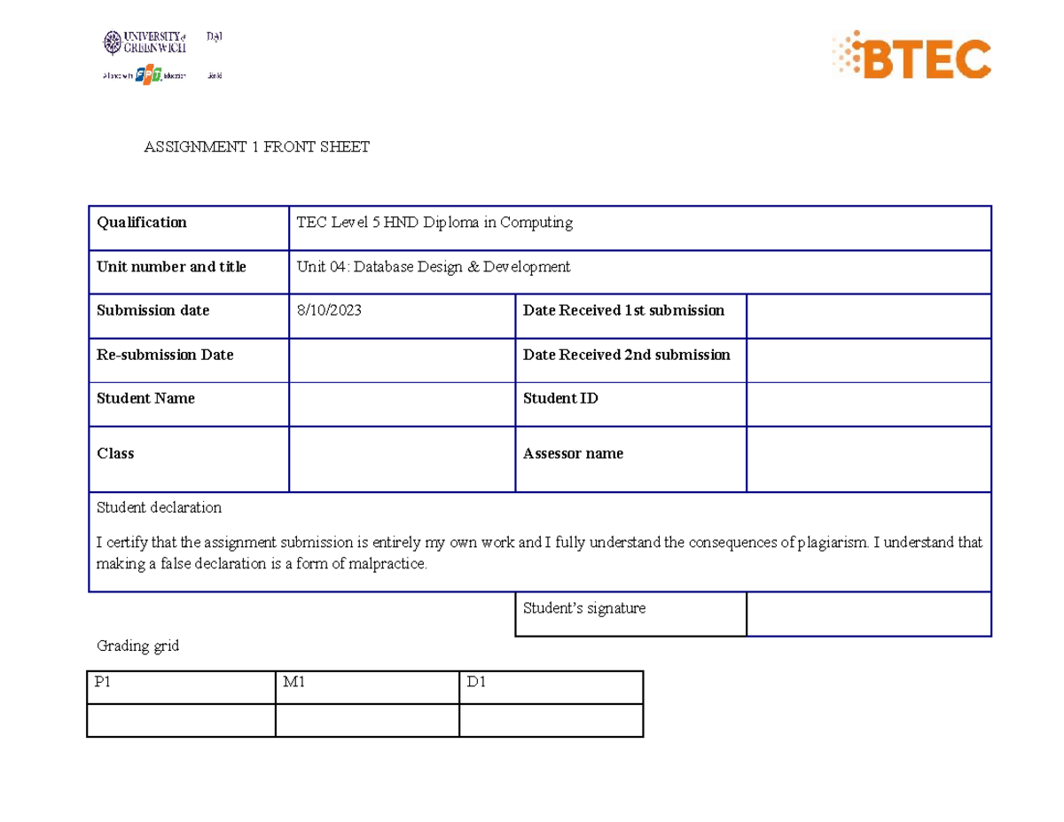1 04-DDD.Assignment 1 frontsheet - ASSIGNMENT 1 FRONT SHEET Qualification TEC Level 5 HND ...