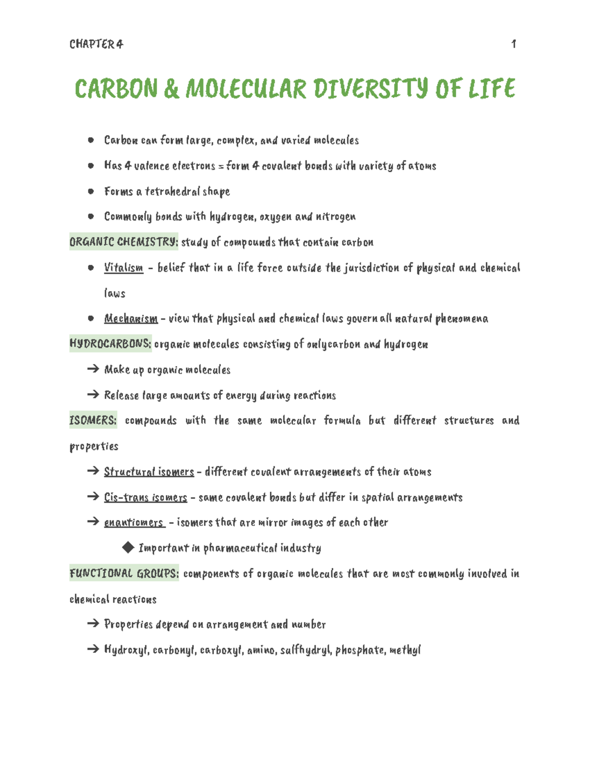 Chapter 4 Notes - Carbon and Molecular Diversity of Life - CAíåĀN ...