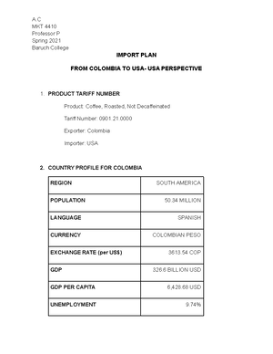 Import/Export Plan - A MKT 4410 Professor P Spring 2021 Baruch College ...