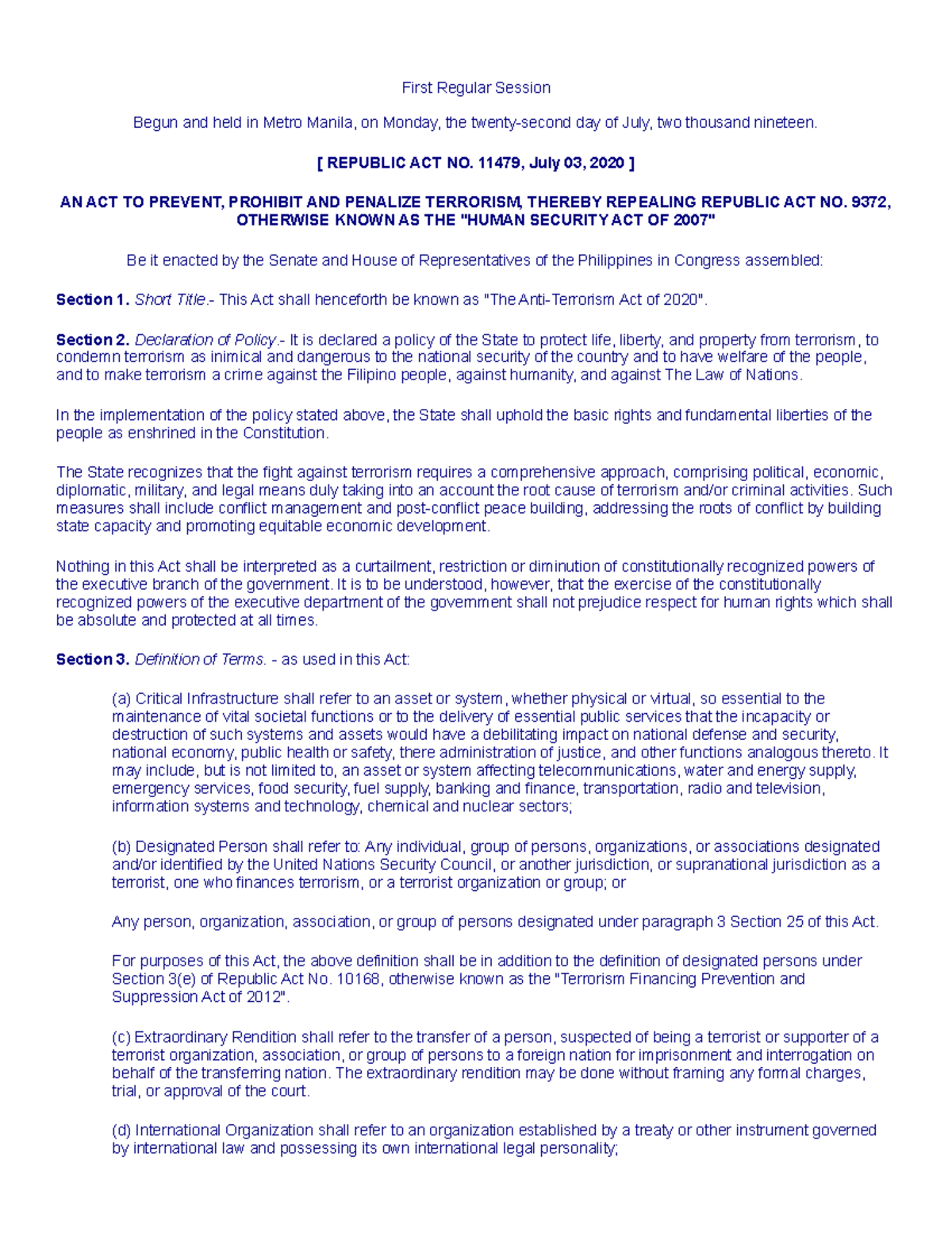 [ Republic ACT NO. 11479 - First Regular Session Begun and held in ...