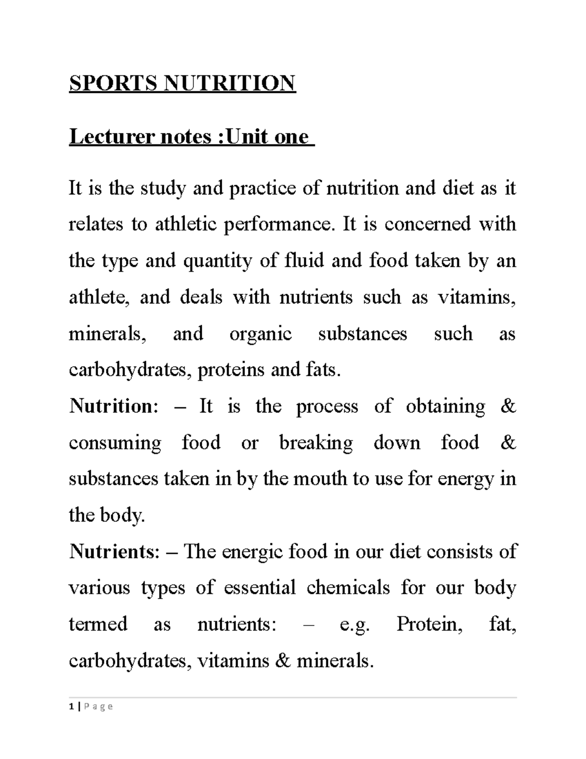 Sports Nutrition introduction - SPORTS NUTRITION Lecturer notes :Unit ...