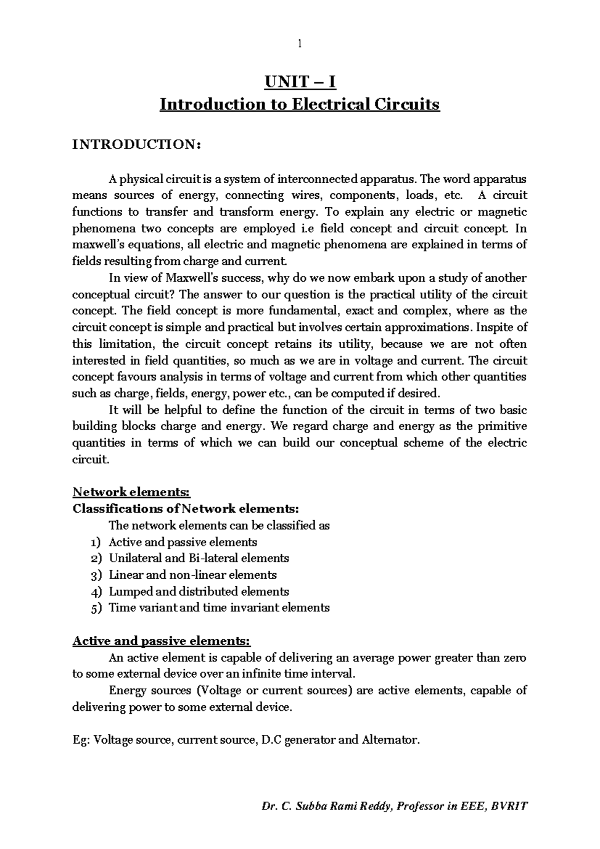 Unit-I BEE 1 - material for first year students - UNIT – I Introduction ...