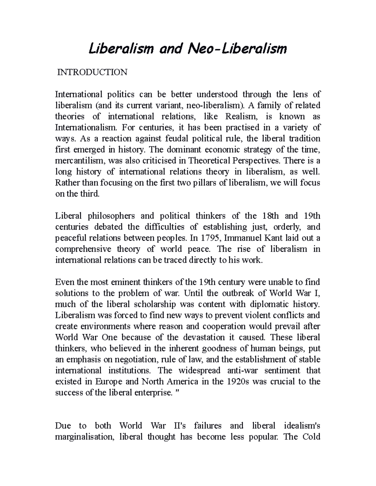 Liberalism and Neo-Liberalism - Liberalism and Neo-Liberalism ...