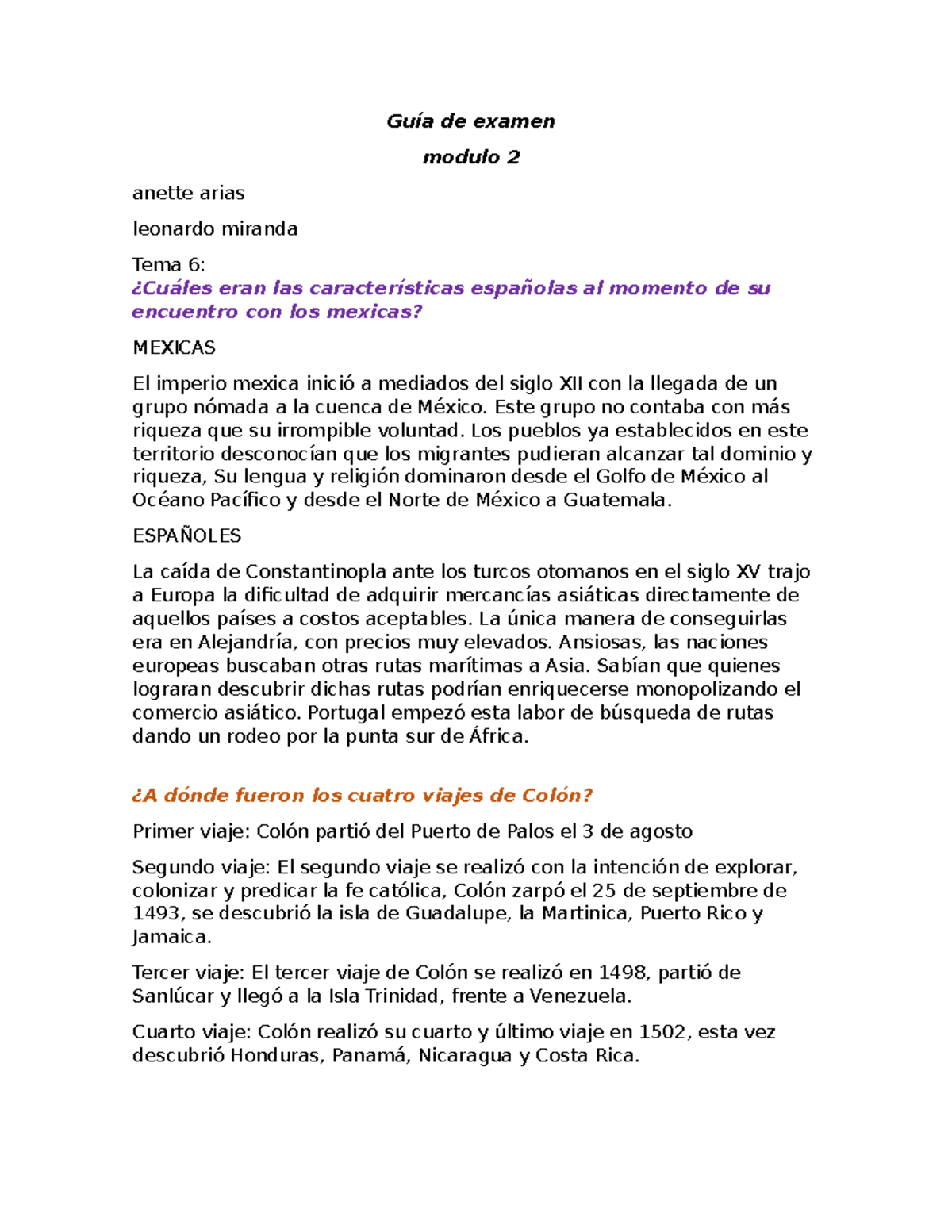 Guía de examen historia modulo 2 af - Guía de examen modulo 2 anette arias leonardo miranda Tema ...