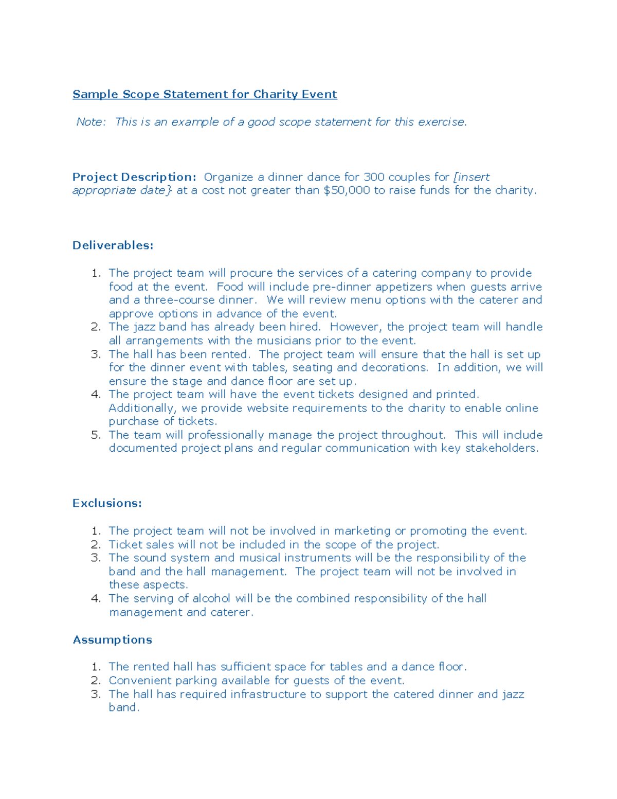 Sample scope statement - Project Description: Organize a dinner dance ...