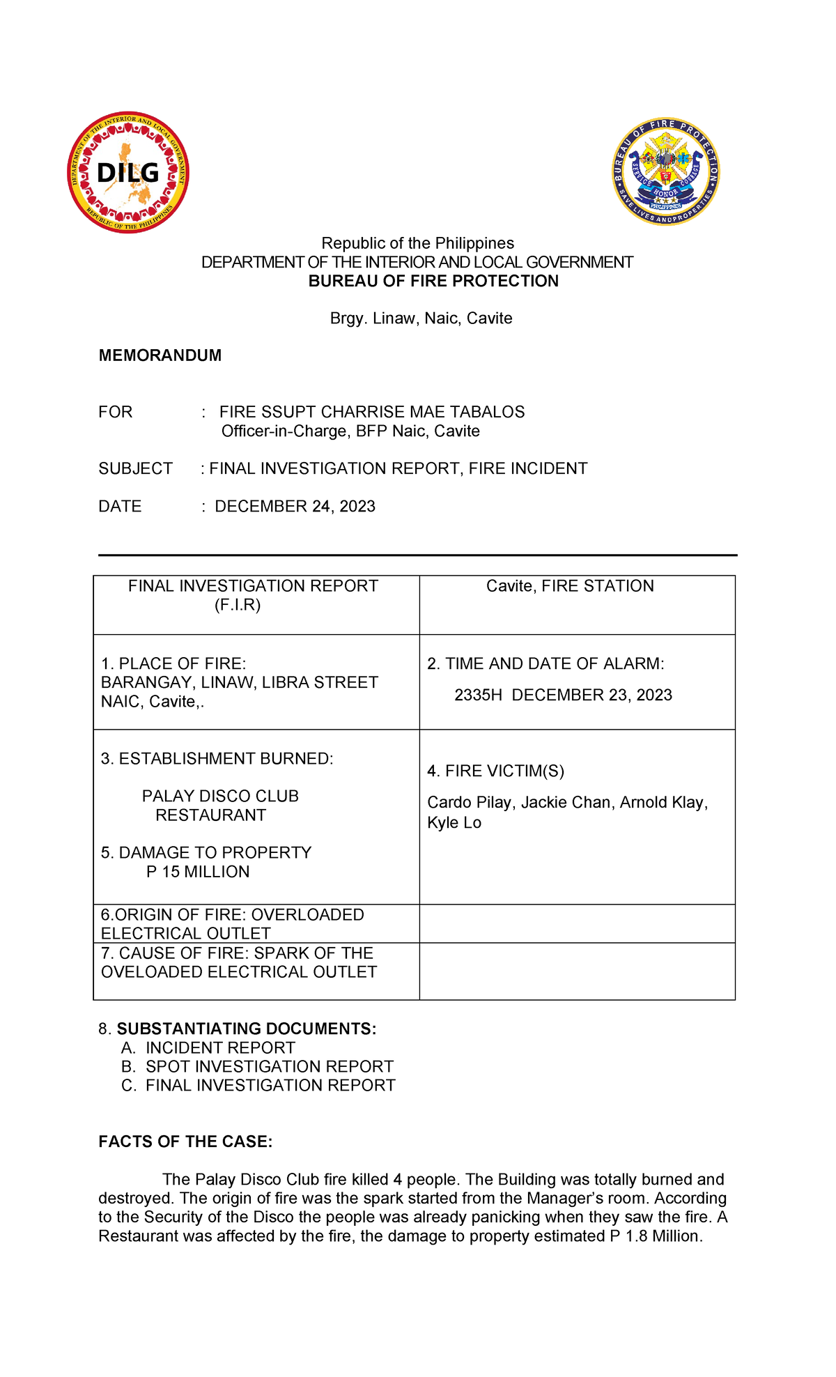 FIRE Investigation Report Final Report - Republic of the Philippines ...