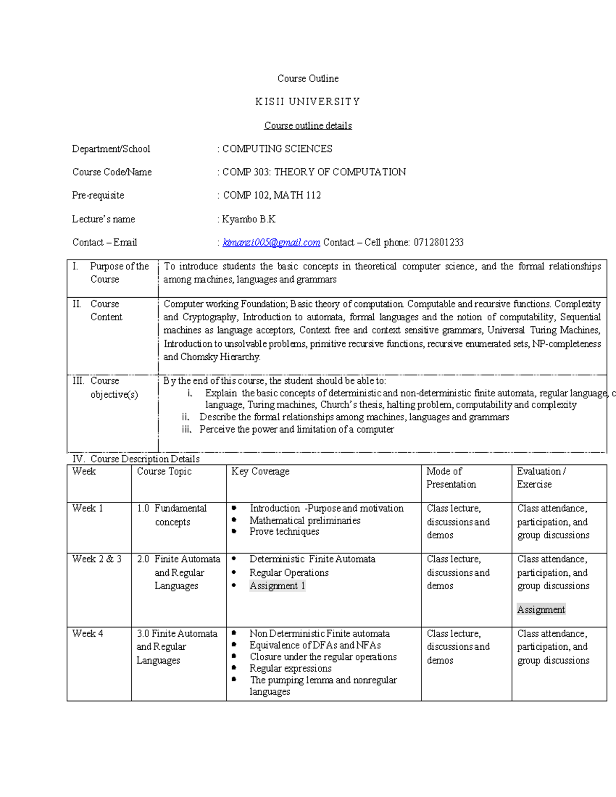 Theory Of Computation Automata Theory Course Outline K I S I I U N I V E R S I T Y Course