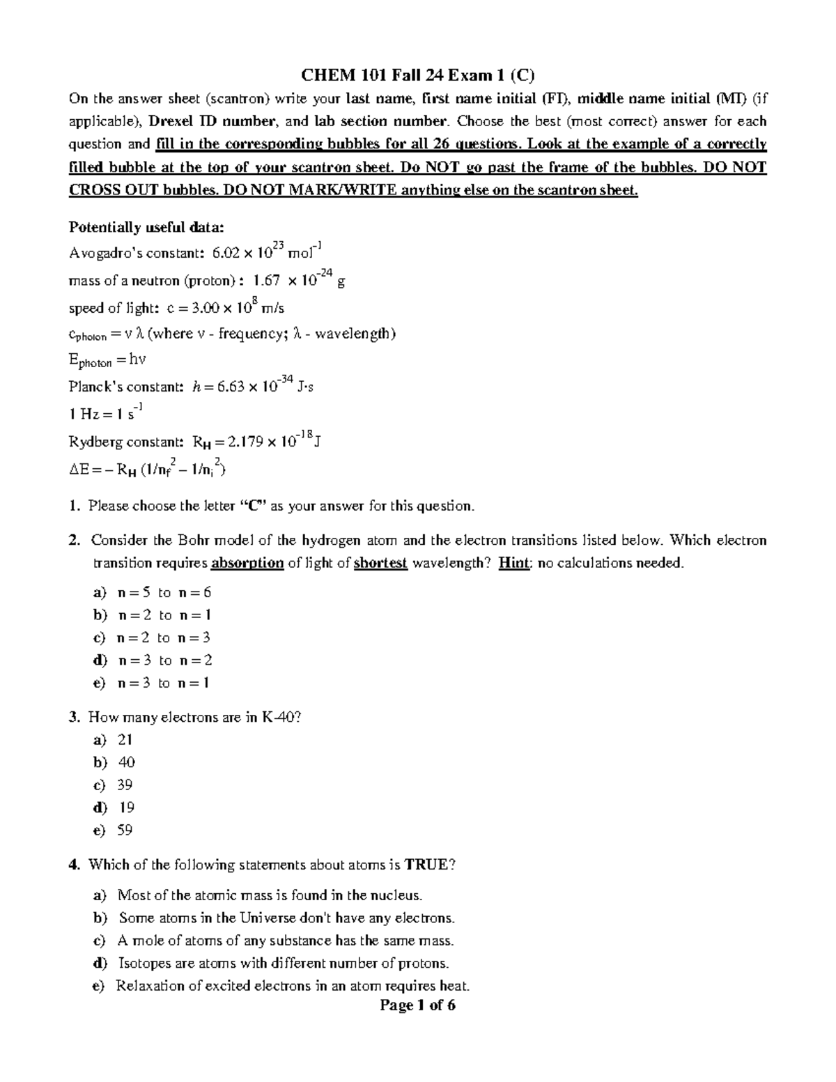 Exam I 101 F24c w. Answer Key - CHEM 101 Fall 24 Exam 1 (C) On the ...
