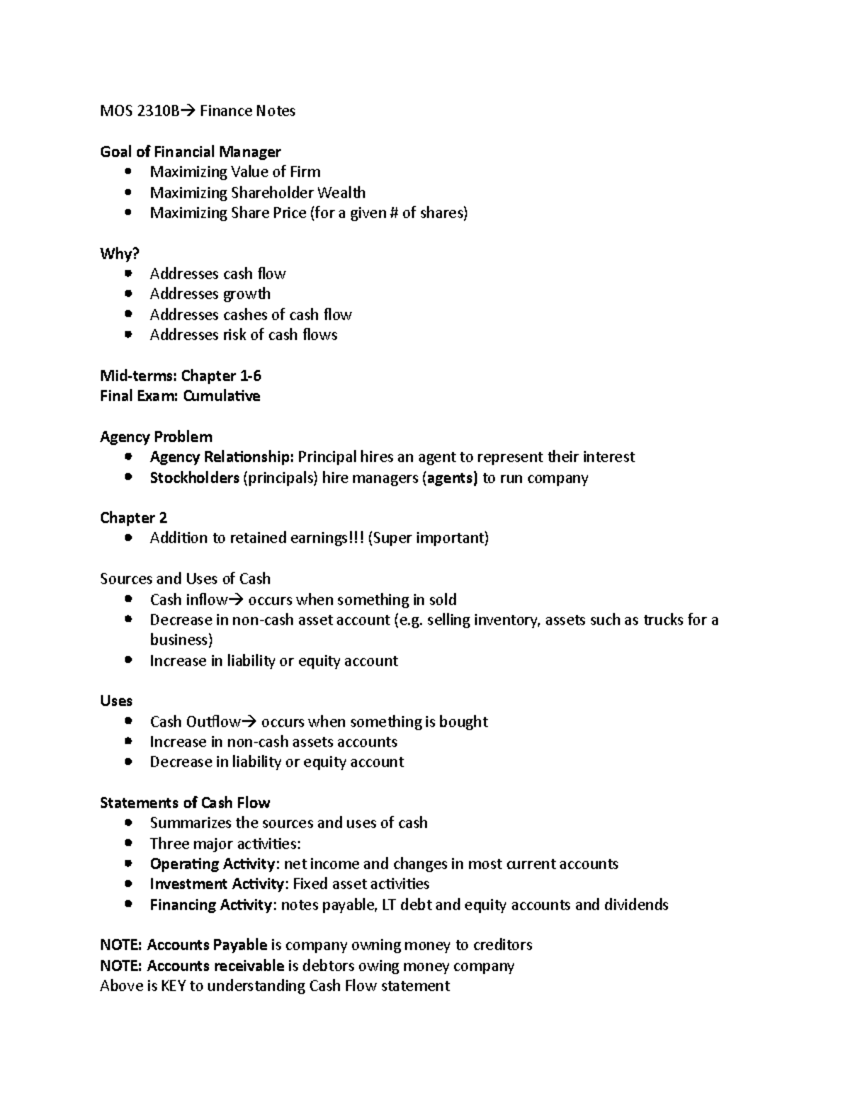 MOS 2310 B Notes - MOS 2310B Finance Notes Goal of Financial Manager ...