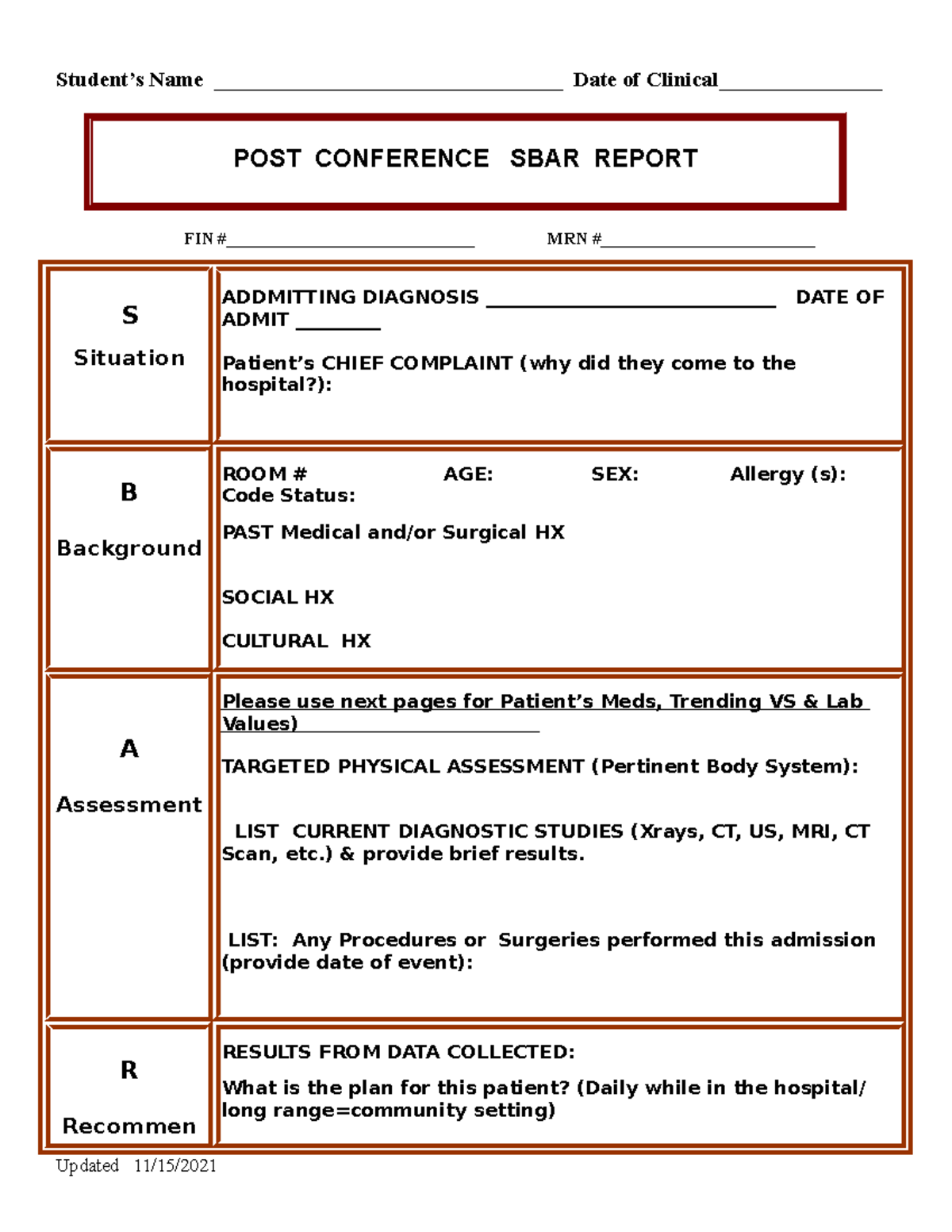 Nursing SBAR Report Form - Student’s Name ...