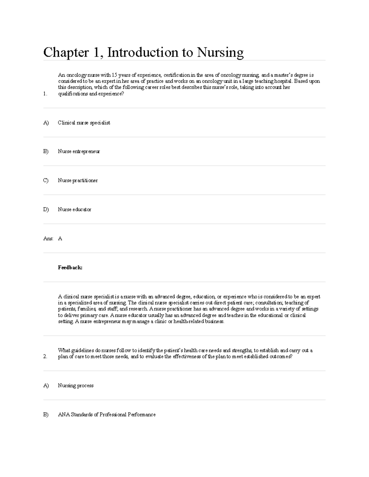 Chapter 1 - practice questions - Chapter 1, Introduction to Nursing 1 ...