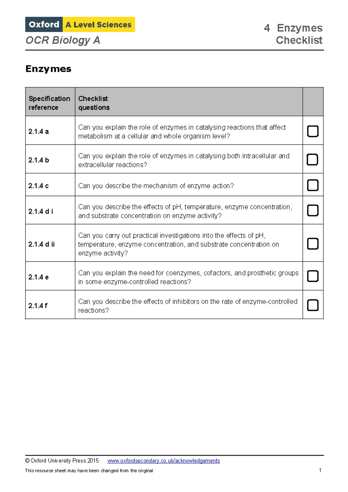 Checklist of work notes - 4 Enzymes OCR Biology A Checklist Enzymes ...