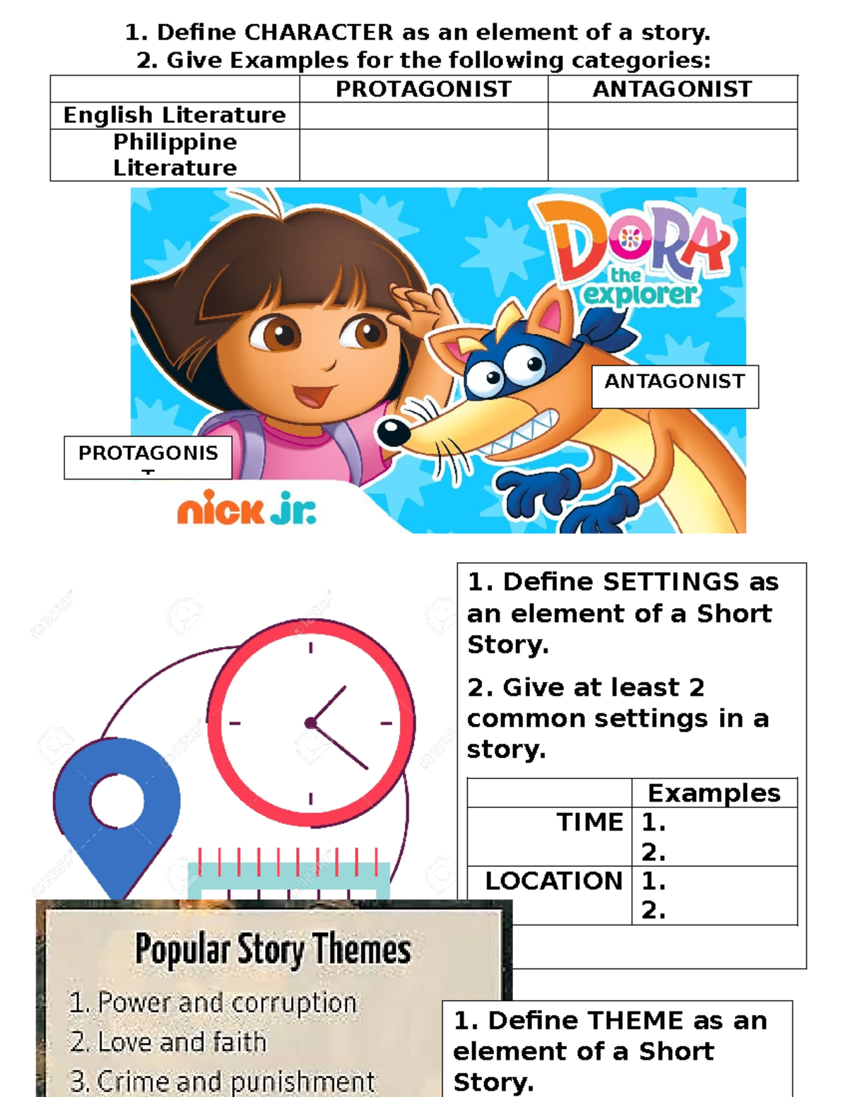 Information Sheet Elements of a Short Story - 1. Define CHARACTER as an ...