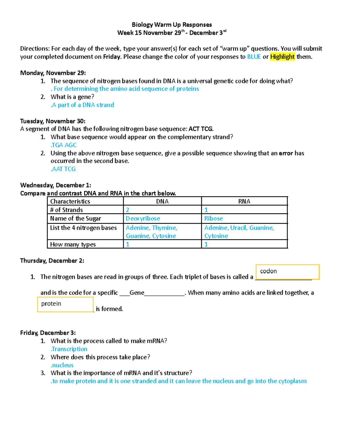 Kenneth ward 21-22 Week 15 Biology Daily Warm Up Responses November 29 ...