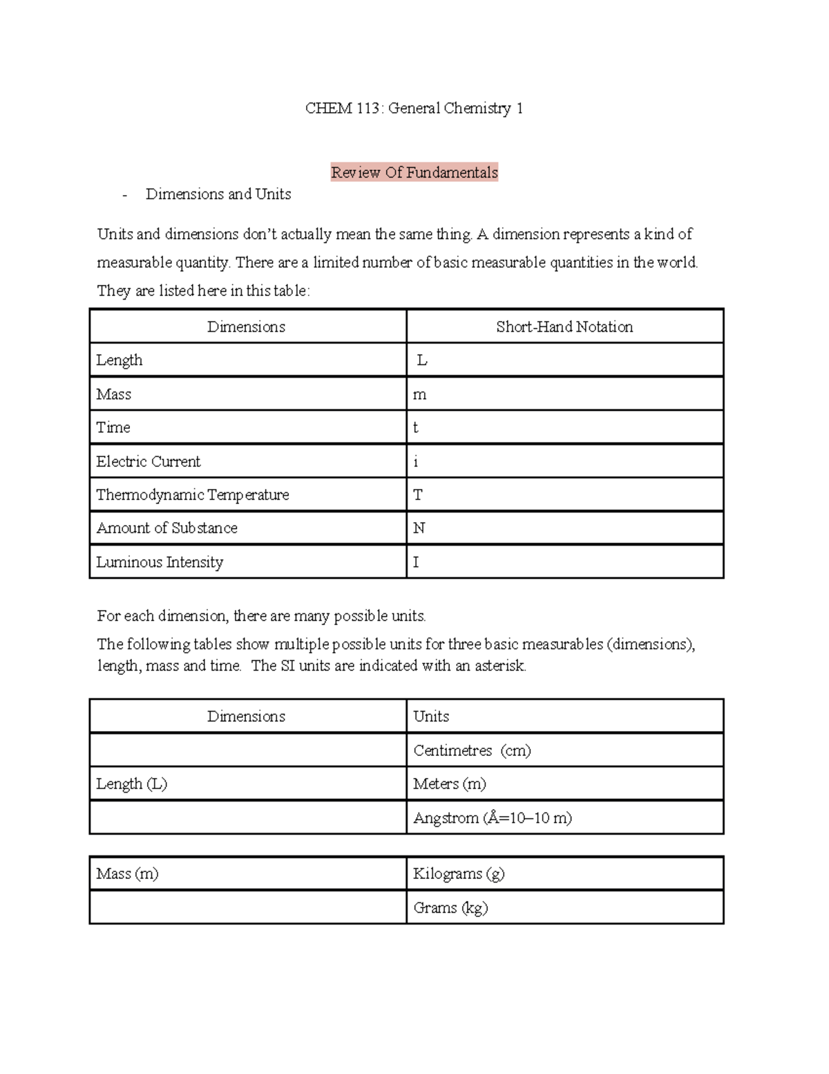 Module 1 Notes - CHEM 113: General Chemistry 1 Review Of Fundamentals ...