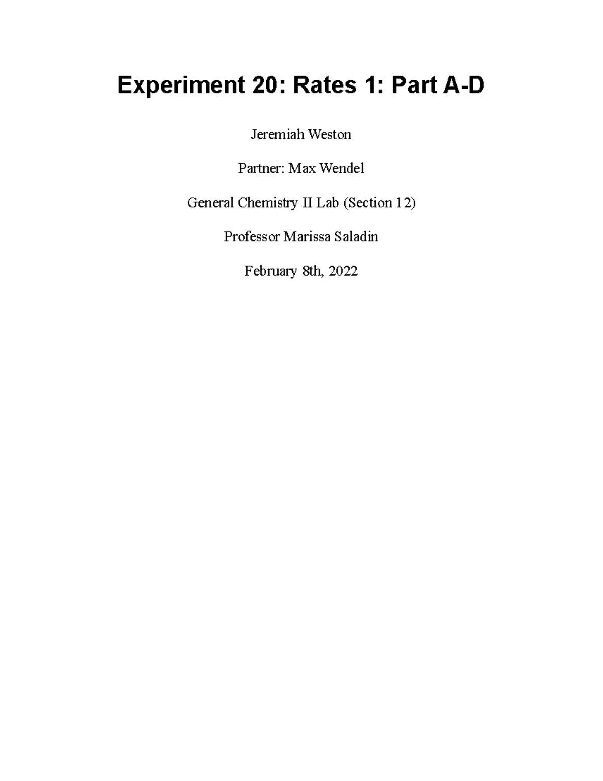 Experiment 20 Rates - Part D and A - Experiment 20: Rates 1: Part A-D ...