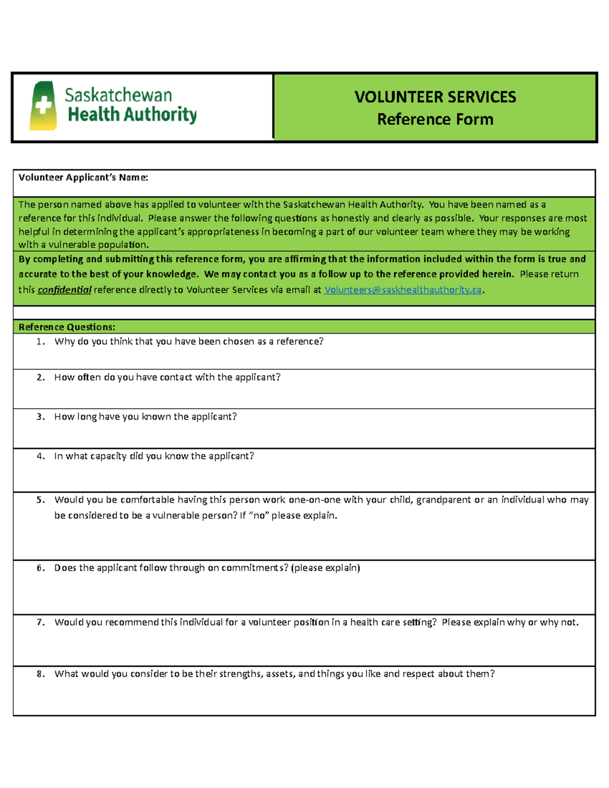 Volunteer Services Reference Form - VOLUNTEER SERVICES Reference Form ...
