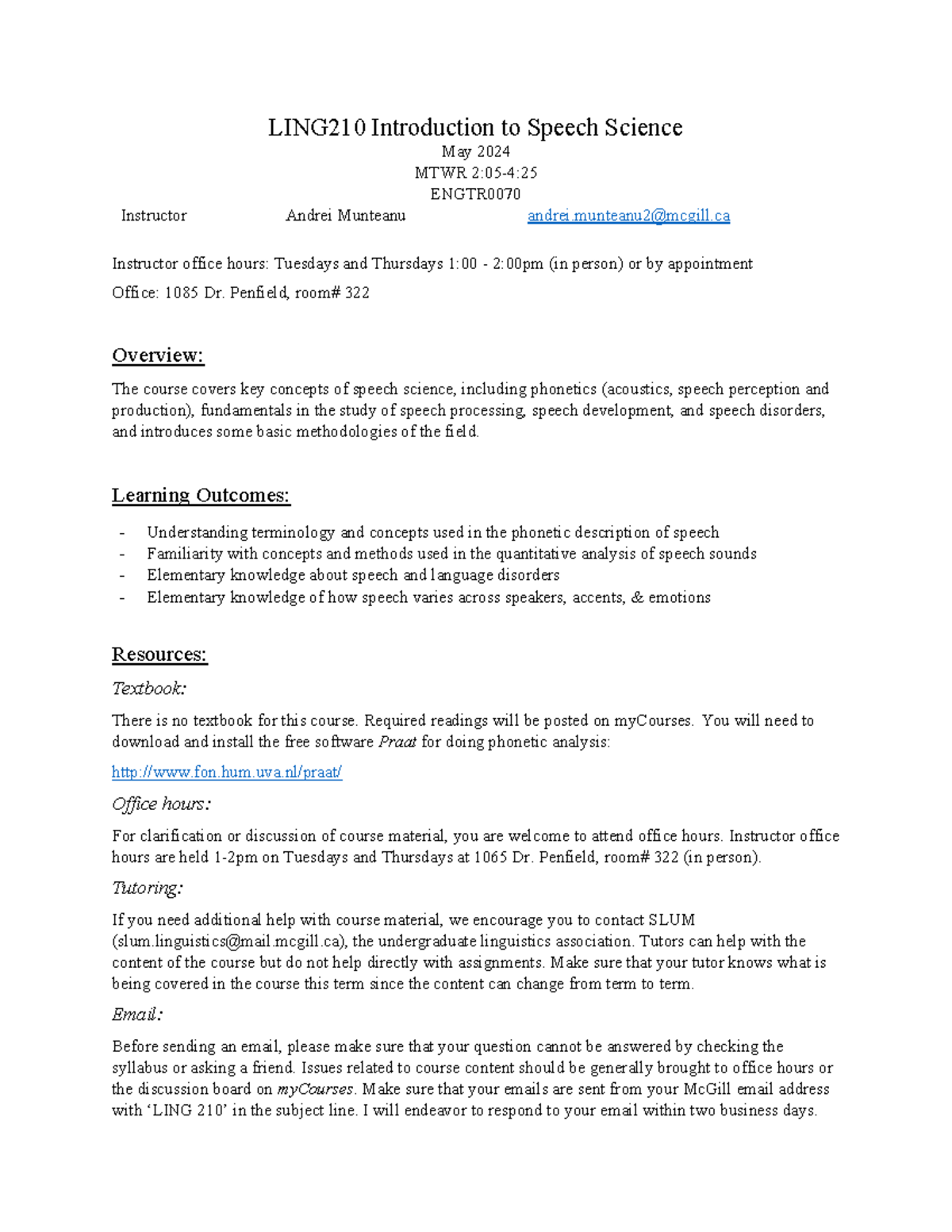 LING210 syllabus april 25 - LING210 Introduction to Speech Science May ...