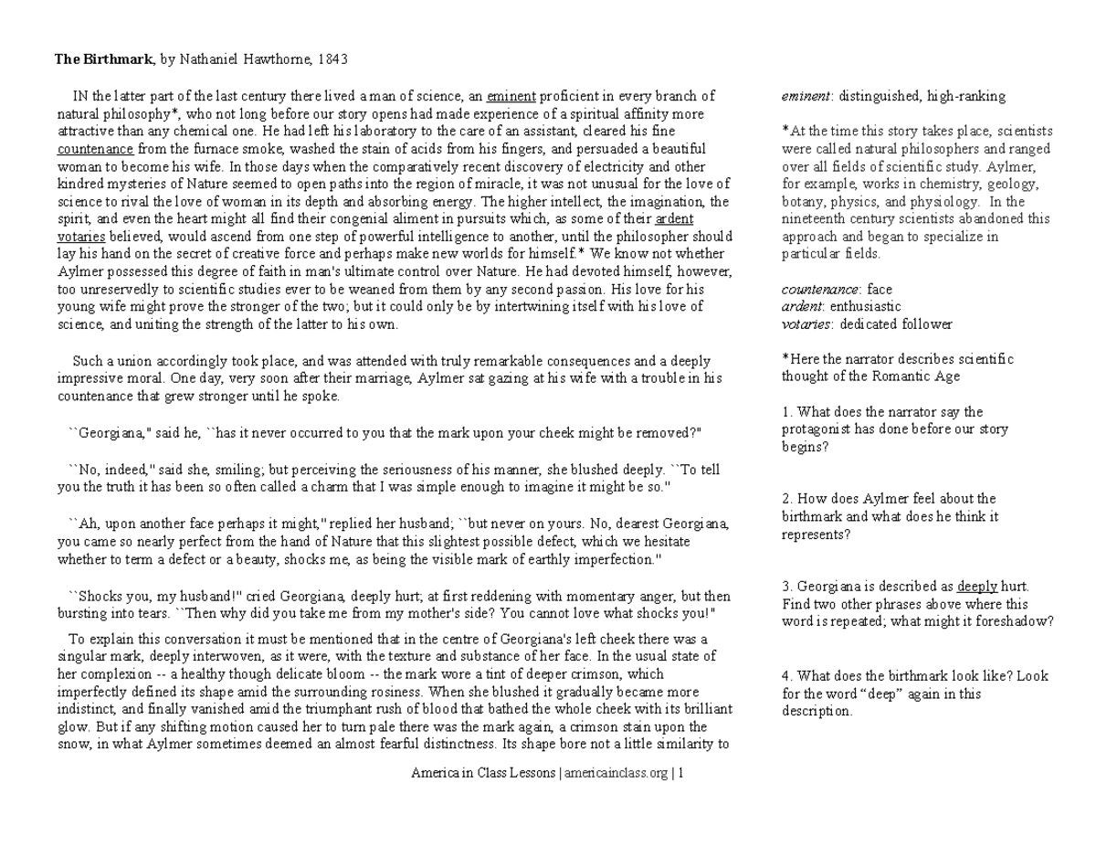 The Birthmark full story text - The Birthmark, by Nathaniel Hawthorne ...