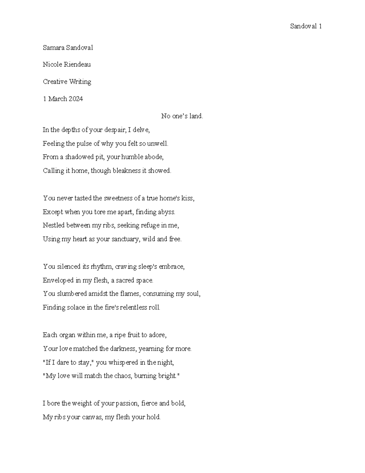 Poem draft - lguiegquerhgoierugoqeyg - Sandoval 1 Samara Sandoval ...