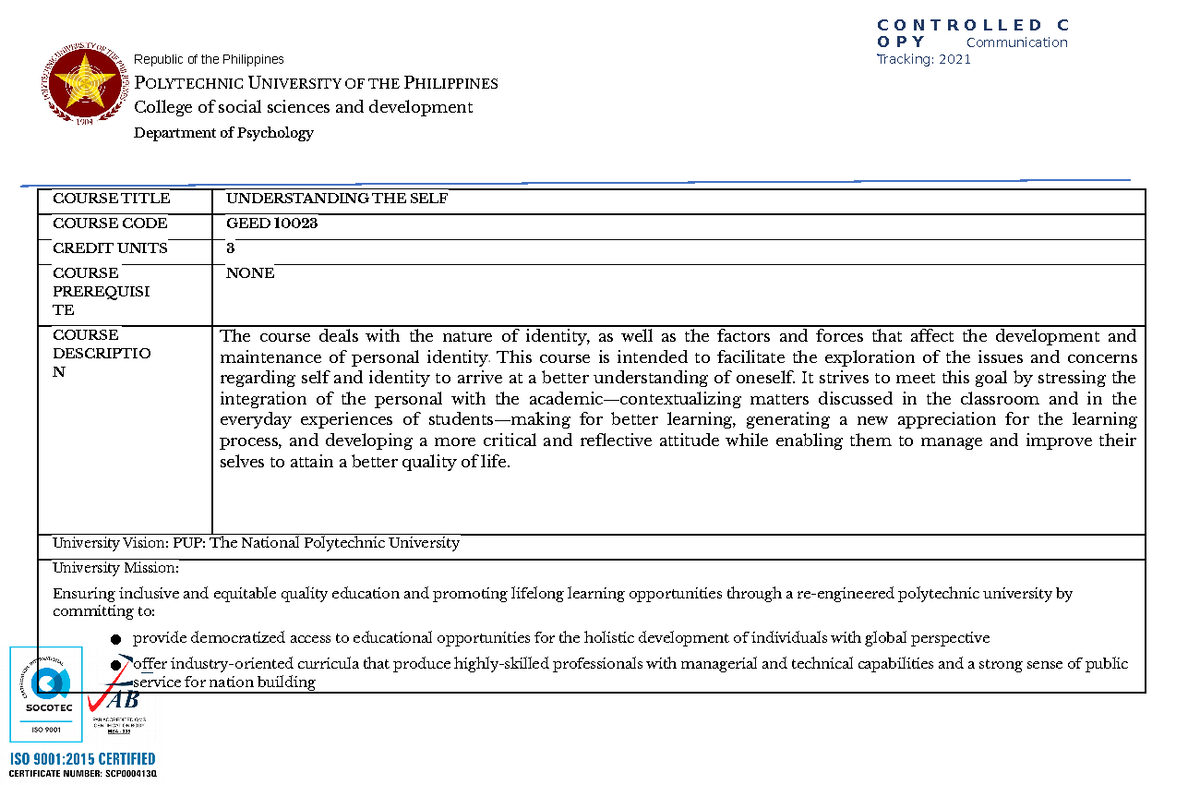 PSYC- Syllabi UTS - Syllabus about understanding the Self - COURSE ...