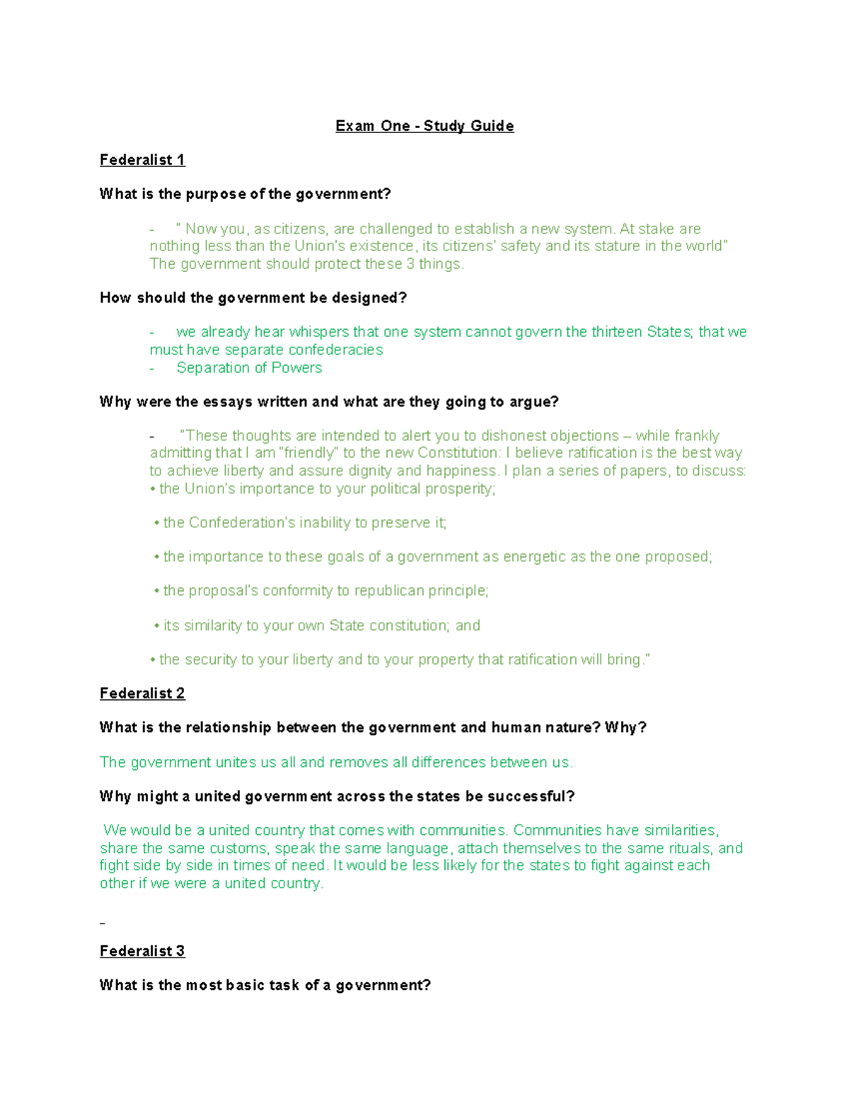 PSCI Exam 1 Study Guide - Exam One - Study Guide Federalist 1 What is ...