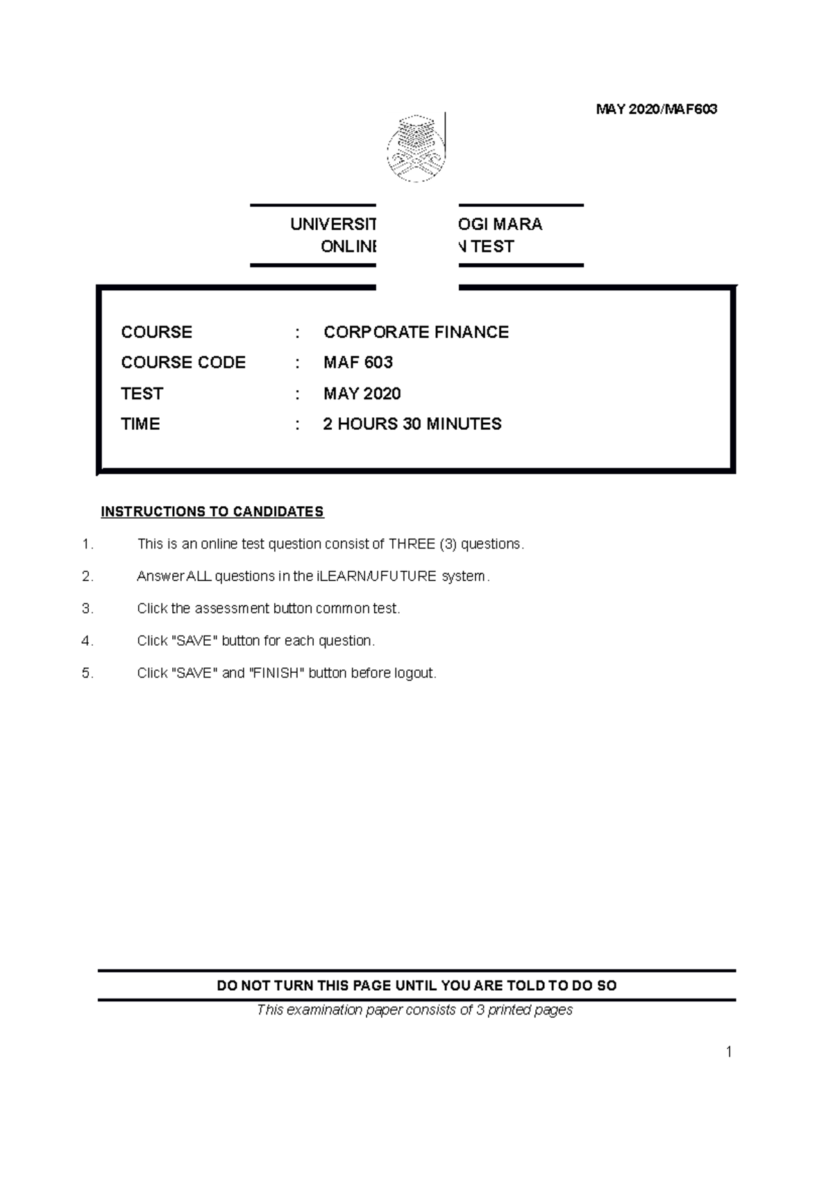 MAF603- Question ODL TEST May 2020 - MAY 2020/MAF UNIVERSITI TEKNOLOGI ...