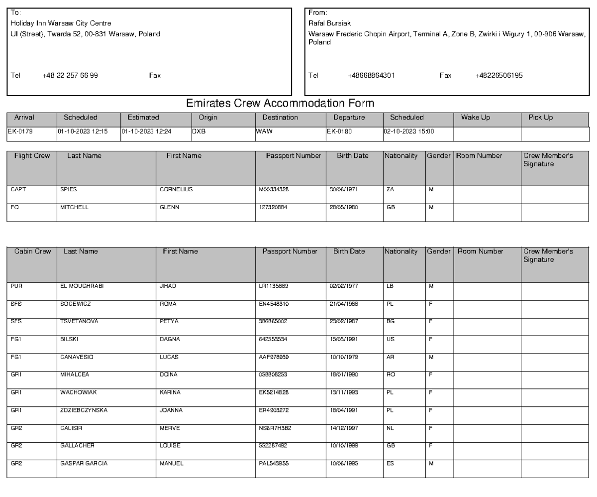 Crew Accommodation Form - To: From: Holiday Inn Warsaw City Centre ...