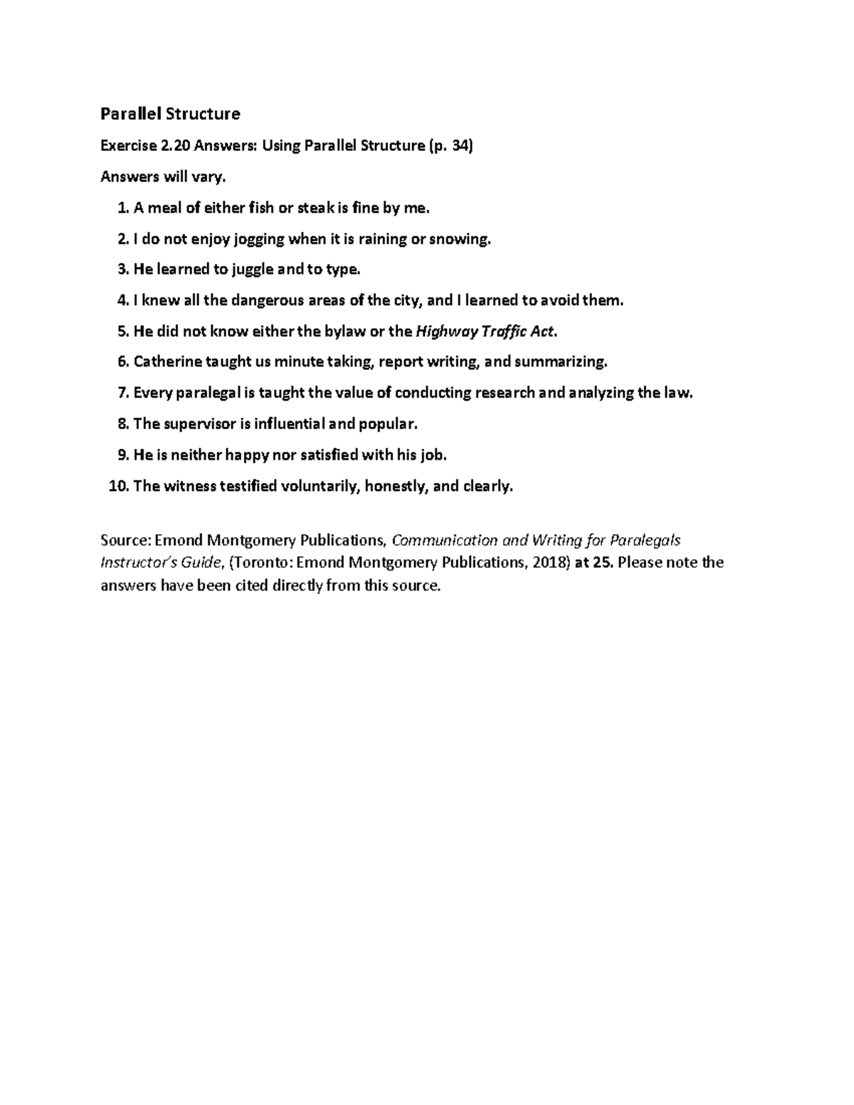 Exercise 2.20 Answer Key - Parallel Structure Exercise 2 Answers: Using ...