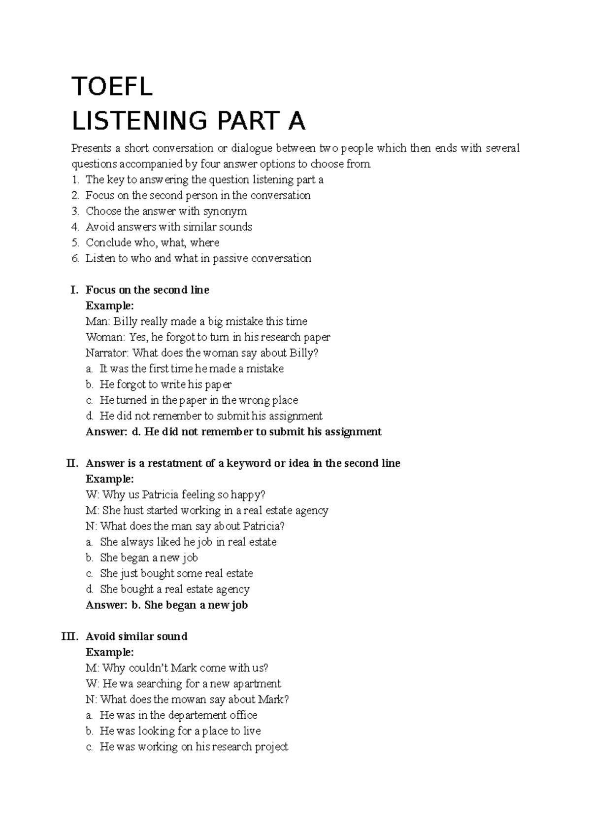 Toefl Listening PART A - TOEFL LISTENING PART A Presents a short ...