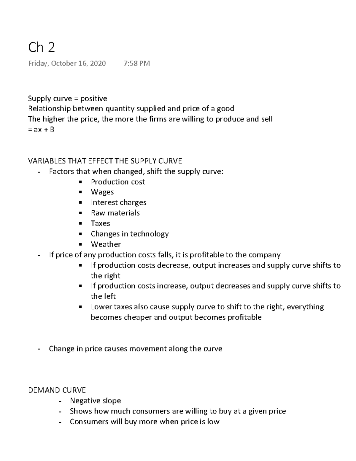 Ch 2 - Chapter 2 textbook notes COMM 220 - Supply curve = positive ...