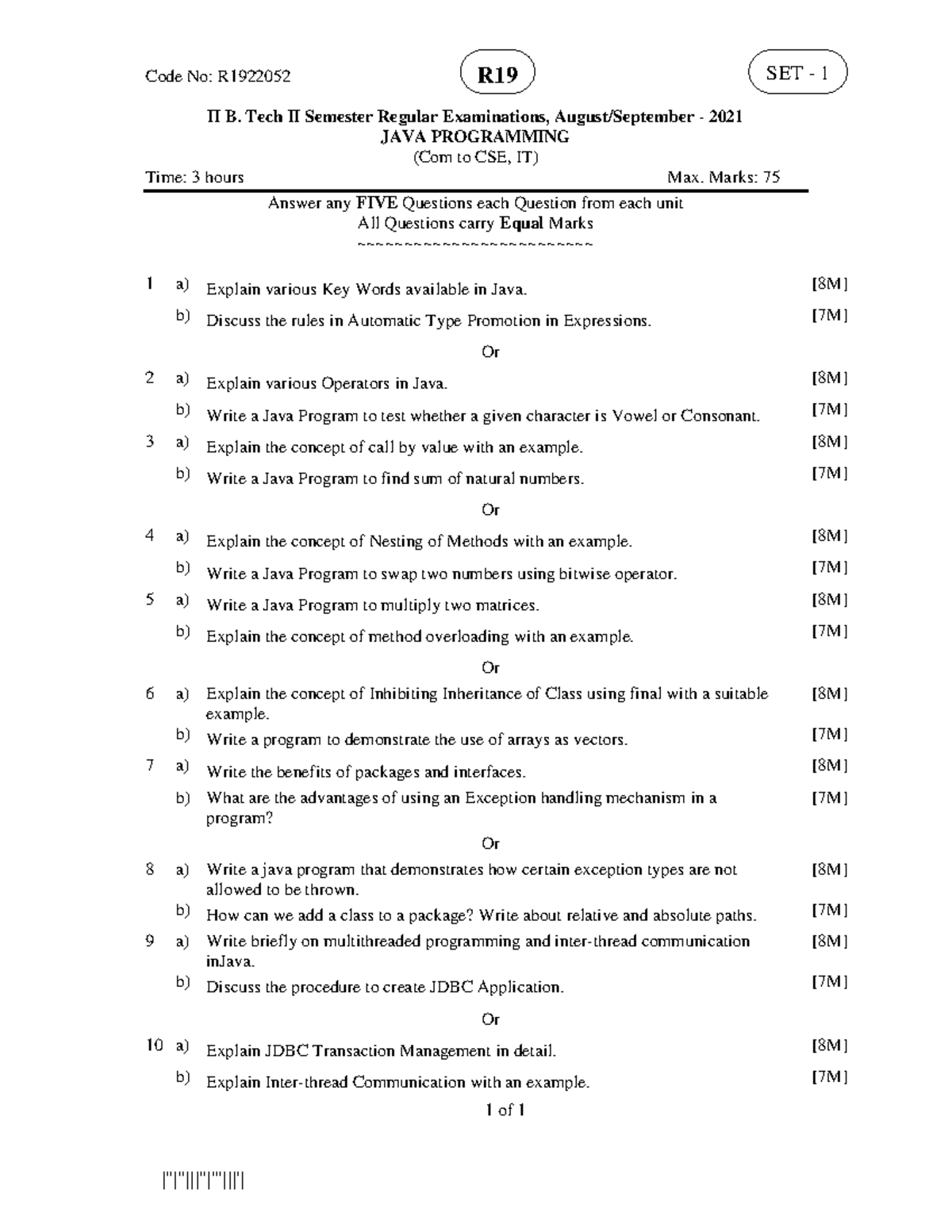 JAVA Programming R19 AUG 2021 - |''|''|||''|'''|||'| Code No: R II B. Tech II Semester Regular ...