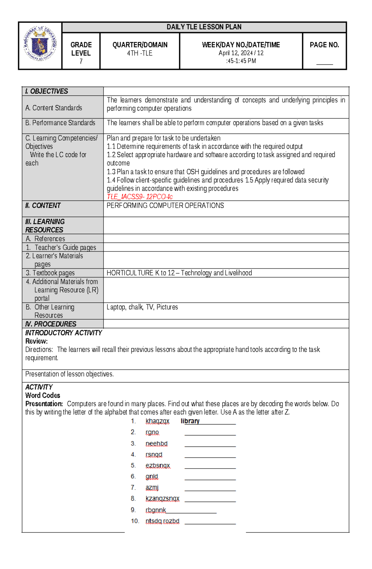 3.-Q4- Lesson-3 - lesson plan - DAILY TLE LESSON PLAN GRADE LEVEL 7 ...