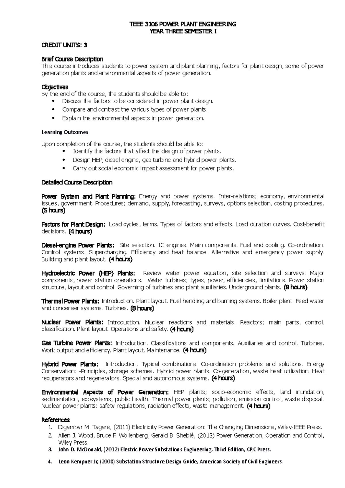 Course Outline TEEE 3105 Power Plant Engineering - TEEE 3106 POWER ...