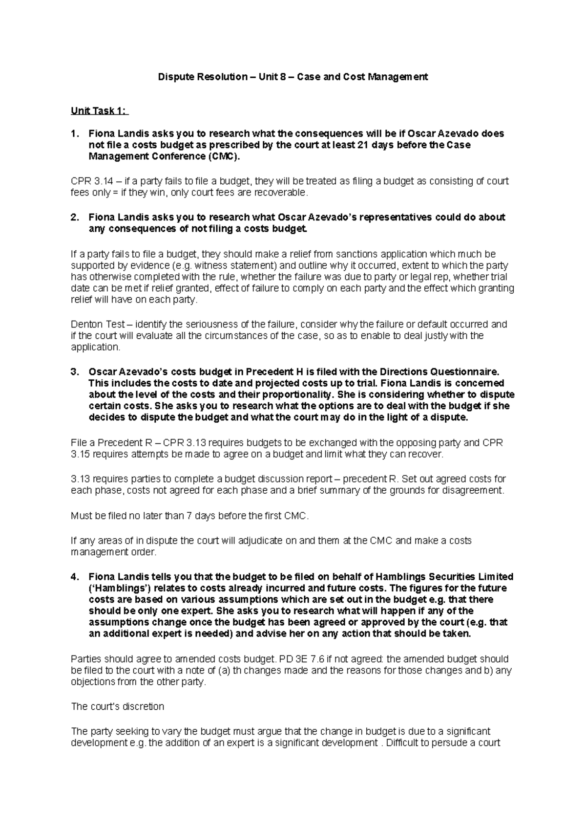 Dispute Resolution – Unit 8 – Case and Cost Management - Dispute ...