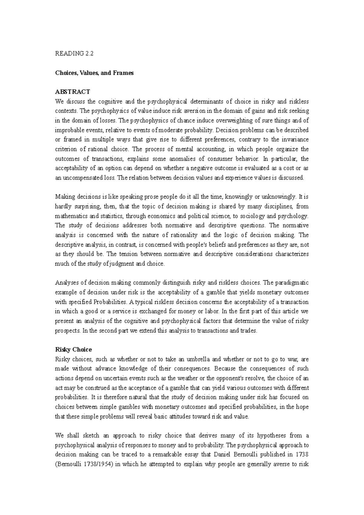 Reading 2.2 - 49001 Judgment and Decision Making - READING 2. Choices, Values, and Frames ...